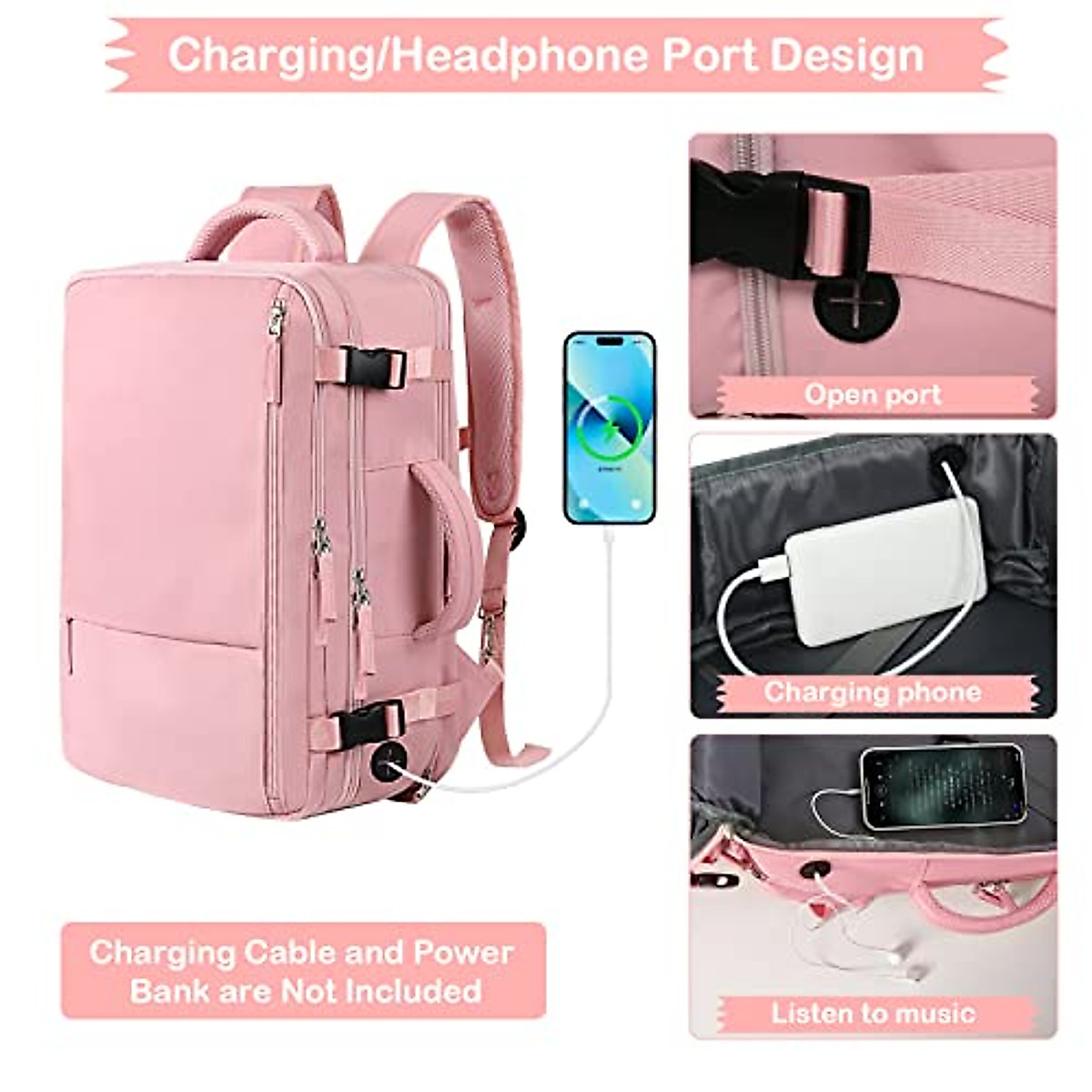 Hanples Extra Large Travel Backpack for Women as Person Item Flight Approved, 40L Carry On Backpack, 17 Inch Laptop Backpack, Waterproof Backpack, Hiking Backpack, Casual Bag Backpack(Pink)