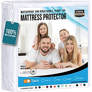 Utopia Bedding Premium Waterproof Terry Mattress Protector Twin 200 GSM, Mattress Cover, Breathable, Fitted Style with Stretchable Pockets (White)