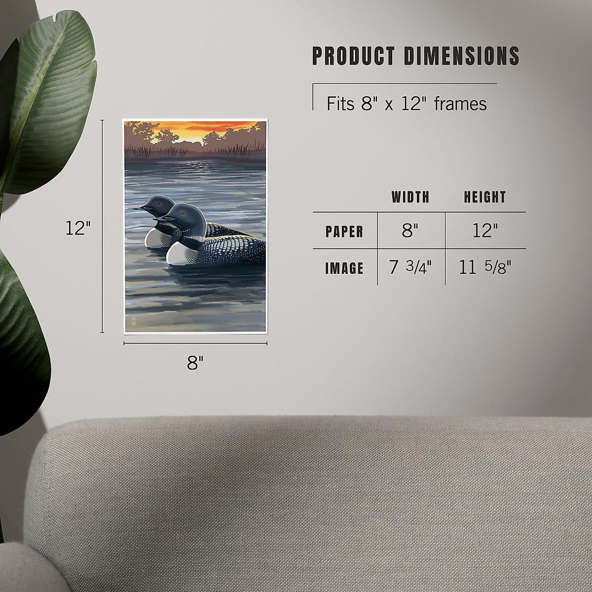 Lantern Press 8x12 Inch Art Print Wall Decor, Loons and Lake at Sunset