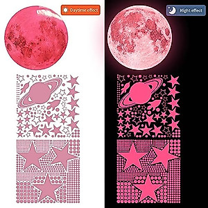 Riakoob Moon and Star Castle Luminous Wall Stickers - Glow in The Dark Pink - Magical Decor for Bedrooms (Pink Moon)