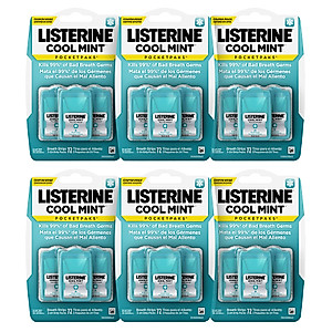 Listerine Cool Mint PocketPaks Portable Breath Strips for Bad Breath, Fresh Breath Strips to Kill 99% of Bad Breath Germs* On-The-Go, Cool Mint Flavor, 72 Count (Pack of 6)