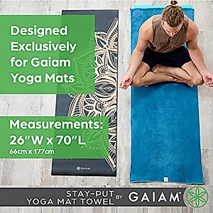 Gaiam Stay Put Yoga Towel Mat (Fits Over Standard Size - 68"L x 24"W), Lake