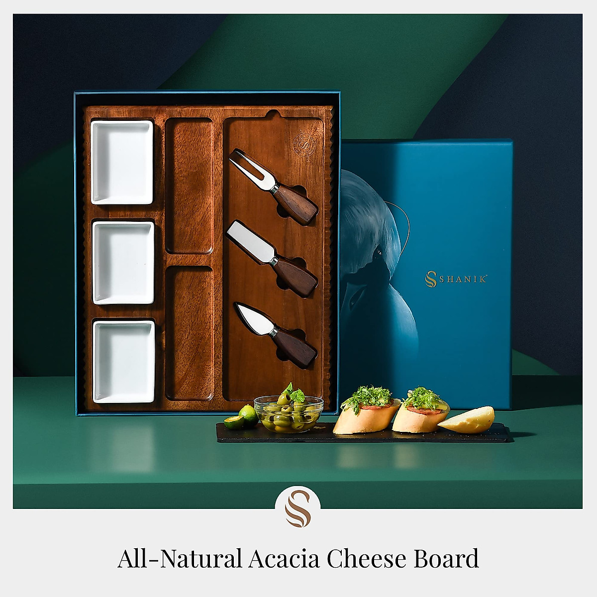 Shanik Cheese Board Set - Premium Black Slate Blade and 3 Stainless Steel Cutlery - Perfect for Serving and Entertaining - Elevate Your Cheese Experience without engraving