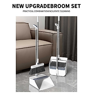 Broom and Dustpan Combo for Indoor&Outdoor Sweeping, Broom and Dustpan Set for Home, Long Handle Broom with Upright Standing Dustpan