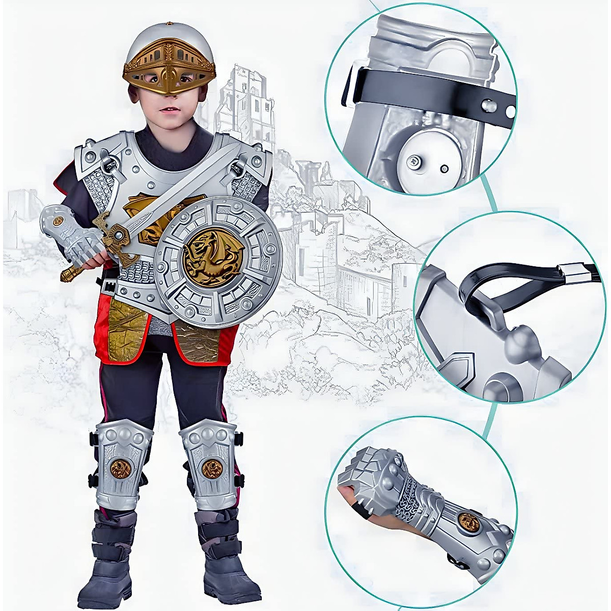 Medieval Knight in Shining Armor, Kids Crusader Pretend Role Play Plastic Costume Dress Up Cosplay with Toy Swords, Axe, Shield, Weapons & Accessories Playset