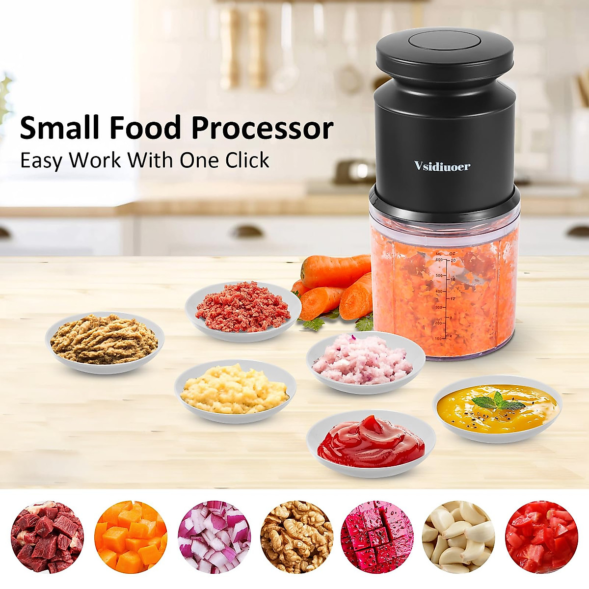 Mini Food Processor 600ML, Meat Grinder 400W, Small Food Processor Mini with 4 Stainless Blades, Electric Food Chopper Suitable for Meat, Vegetables, Fruits, Nuts