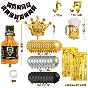 Black and Gold Birthday Party Decorations for Men, Happy Birthday Balloons for Him with Banner, Foil Balloons, Fringe Curtains, Crown, Beer Balloons for 18th 30th 40th 50th 60th 70th