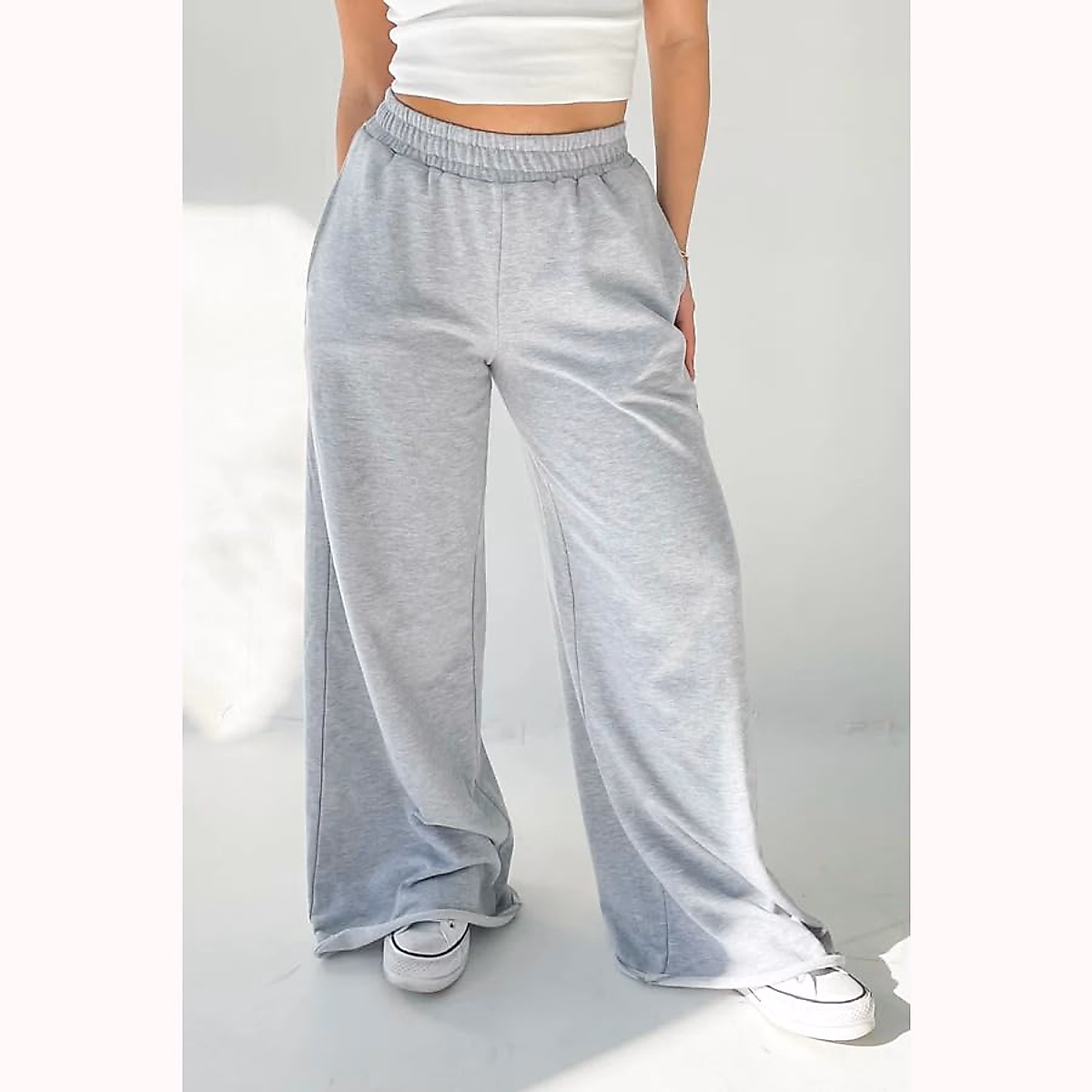 Piacakece Women Casual Sweatpants High Waist Wide Long Leg Pants Loose Relaxed Joggers Workout Trousers Streetwear (01-Light Gray, S)