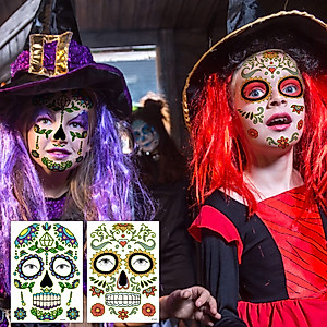 Day of the Dead Face Tattoos Makeup Kit, 10 Pack Halloween Sugar Skull Red Roses Temporary Tattoos for Adults Women Men Kids, DIY Skull Full Face Mask Stickers for Halloween Party Cosplay Supplies