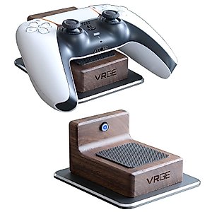 VRGE - PS5 Controller Charging Storage Dock - Premium Walnut Wood Gunmetal Aluminum Magnetic Charging Station Stand and Charger Cable Cord Holder Mount for Sony PlayStation 5 DualSense