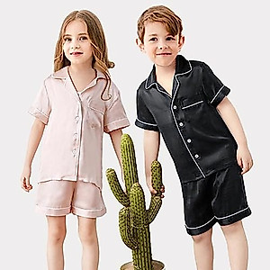 SWOMOG Kids Satin Pajama Set Size 6-7 Girls Boys Button Down Sleepwear Silk Pjs Set Short Sleeve 2 Pcs Summer Outfits Shorts Set Black