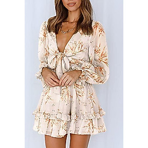 PRETTYGARDEN Women's Short A-Line Flare Dress Knot Front Long Sleeve V Neck Tiered Ruffle Swing Mini Skater Dresses (Apricot Floral,Medium)
