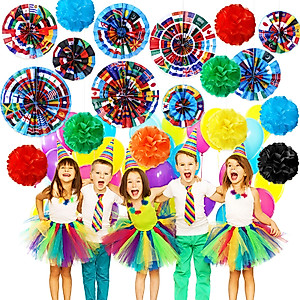 Outus 21 Pcs International World Flags Classroom Decorations Around The World Hanging Paper Fans Sport Party Tissue Paper Pom Poms for Garland Ceilings School Office Party Supplies (Flag Style)