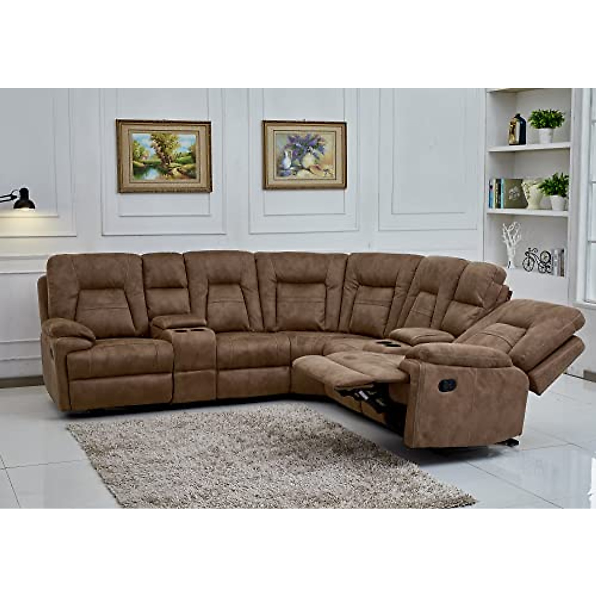 Betsy Furniture Large Microfiber Reclining Sectional Living Room Sofa in Latte 8038
