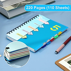 CAGIE 2 Pack Spiral Notebooks with Dividers 5 Subject Notebook with Tabs 5x7 Wide Ruled Hardcover A5 Spiral Bound Journal for Note Taking Work School Supplies, 220 Pages, Blue