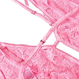 Donnalla Lingerie for Women Deep V Lace Teddy One Piece Lingerie Bodysuit Babydoll Teddy Underwear Pink S