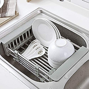 PDGJG Stainless Steel Dish Drainer Adjustable Arms Holder Functional Kitchen Sink Organizer Vegetable Fruit Drying Dish Rack