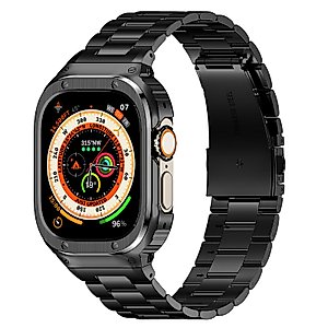 HASLFM Stainless Steel Apple Watch Band with Case Compatible with Apple Watch Ultra/Ultra 2(49mm),Metal iWatch Band and Protective Bumper Cover, Rugged Replacement Strap for Men 2023,Black