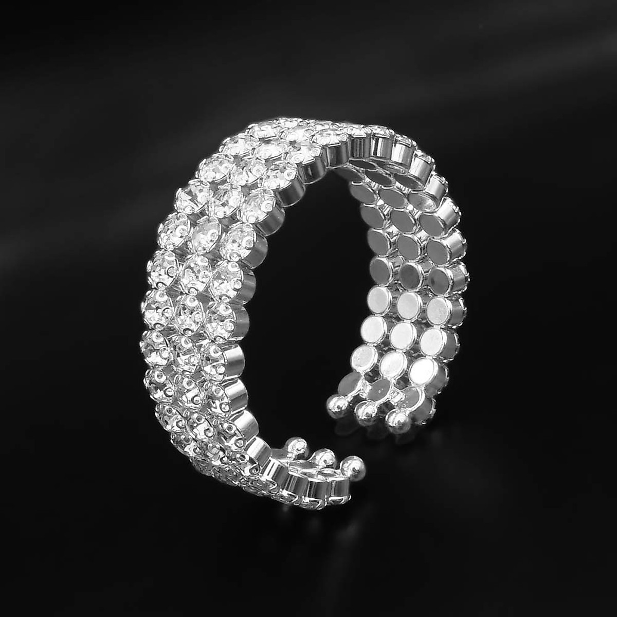 JSEA Womens Silver Tone 6mm Rhinestone Open Cuff Bracelet Bangles Gold Tone Wedding Party Jewelry (Silver 3)