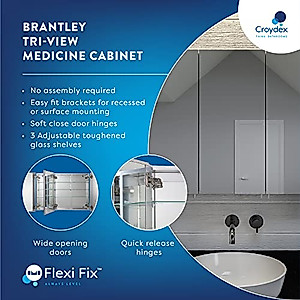 Croydex Brantley Tri-View Recessed or Surface Mount, Hang 'n' Lock Easy Installation Medicine Cabinet, 36W x 26H, Aluminum