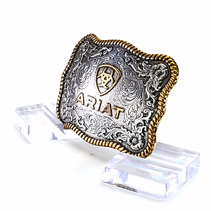 ARIAT Large Scalloped Shape Buckle with Logo, Floral and Scroll Detail, Twisted Rope Trim, 3.75"x 2.75"