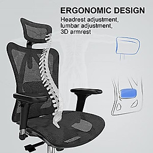 SIHOO Ergonomic Mesh Office Chair, Computer Desk Chair with 3-Way Armrests, 2-Way Lumbar Support and Adjustable Headrest, High Back Home Office Chair with Tilt Function, Mesh Back and Seat(Black)