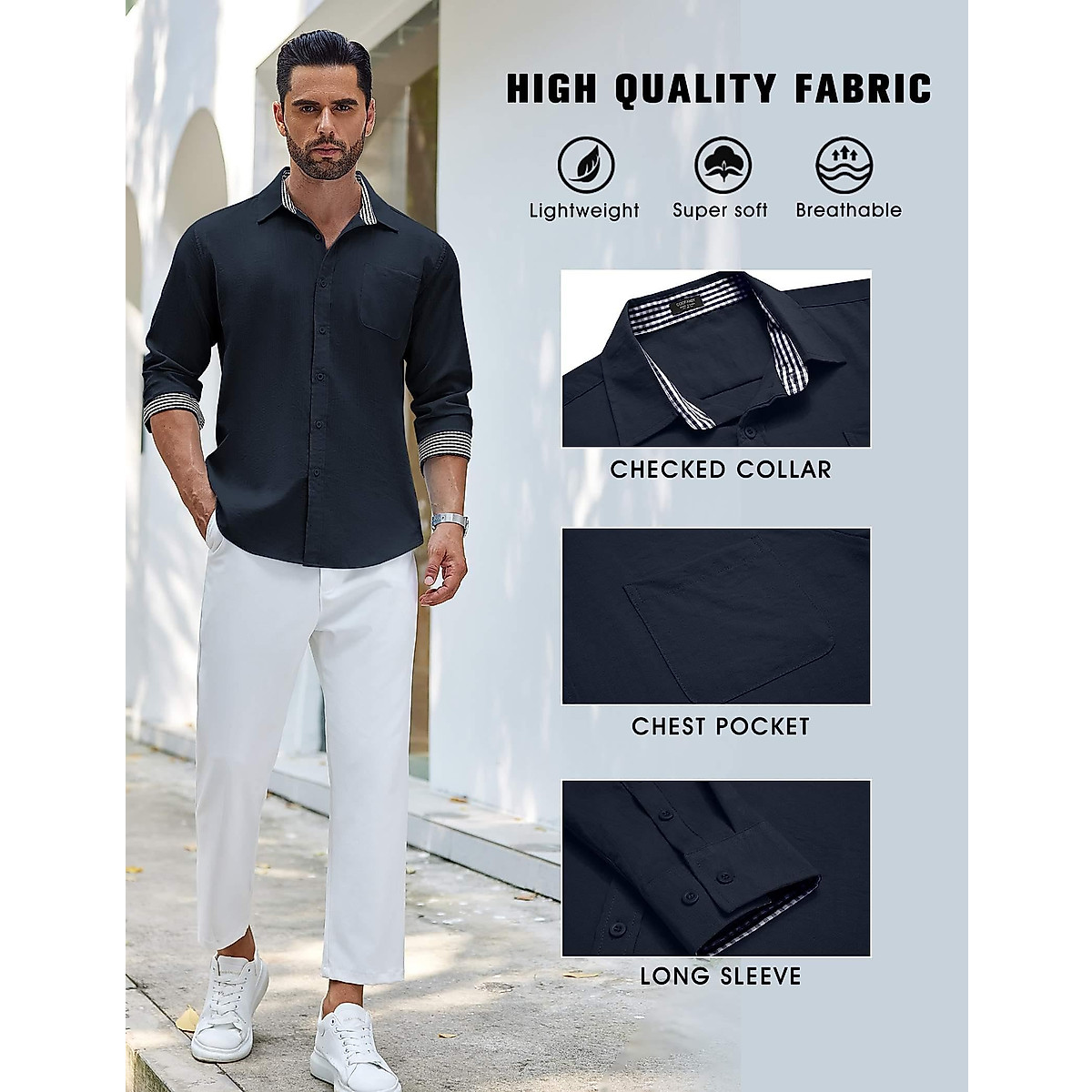 COOFANDY Mens Casual Shirts Long Sleeve Button Up Dress Shirts for Men Linen Beach Wedding Shirts, Navy Blue, XX-Large