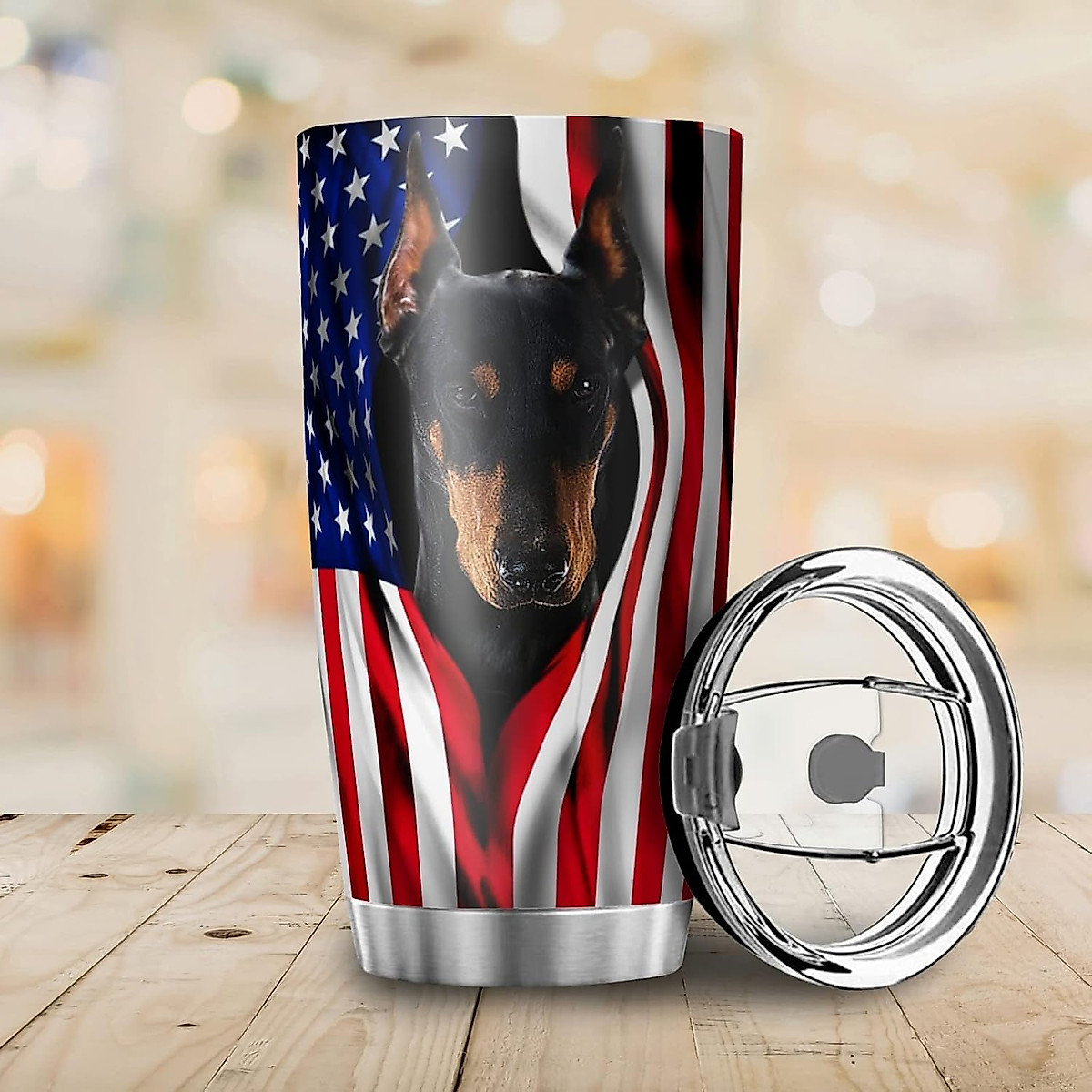 WmhrYpzhL Doberman Dog Travel Mug American Flag Coffee Mug Stainless Steel Insulated Tumbler For Ice Drinks＆Hot Beverage Gifts Doberman Dog