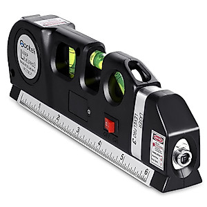 Qooltek Multipurpose Laser Level 8 feet Measure Tape Ruler Adjusted Standard and Metric Rulers for hanging pictures with Metal Tripod Stand