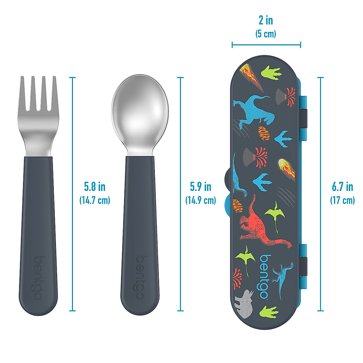 Bentgo® Kids Stainless Steel Utensil Set - Reusable Fork, Spoon & Storage Case - High-Grade BPA-Free Stainless Steel, Easy-Grip Handles, Dishwasher Safe for School Lunch, Travel & Outdoors (Dinosaur)