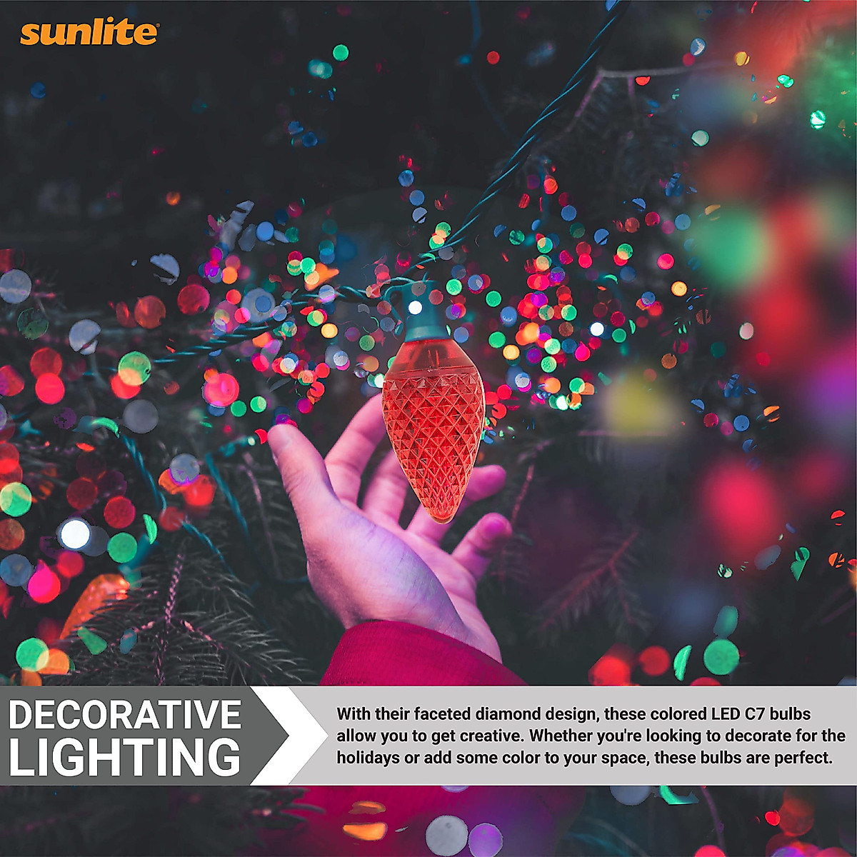 Sunlite 80702 LED C7 Holiday Decorative Light Bulb, 0.4 Watts, E12 Candelabra Base, Faceted Christmas-Lights; Nightlight, Red 6 Count