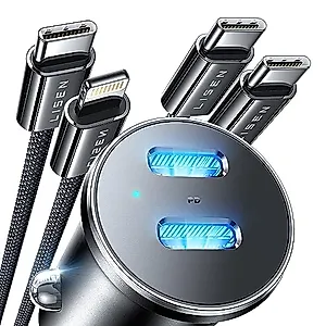 LISEN 90W USB C Car Charger Fast Charging, Dual USB C Port PD 45W Cigarette Lighter Adapter USB C Charger, Super Fast Car Charger USB C with Lightning Cable & USB C Cable for iPhone 15 Pro Max/Samsung