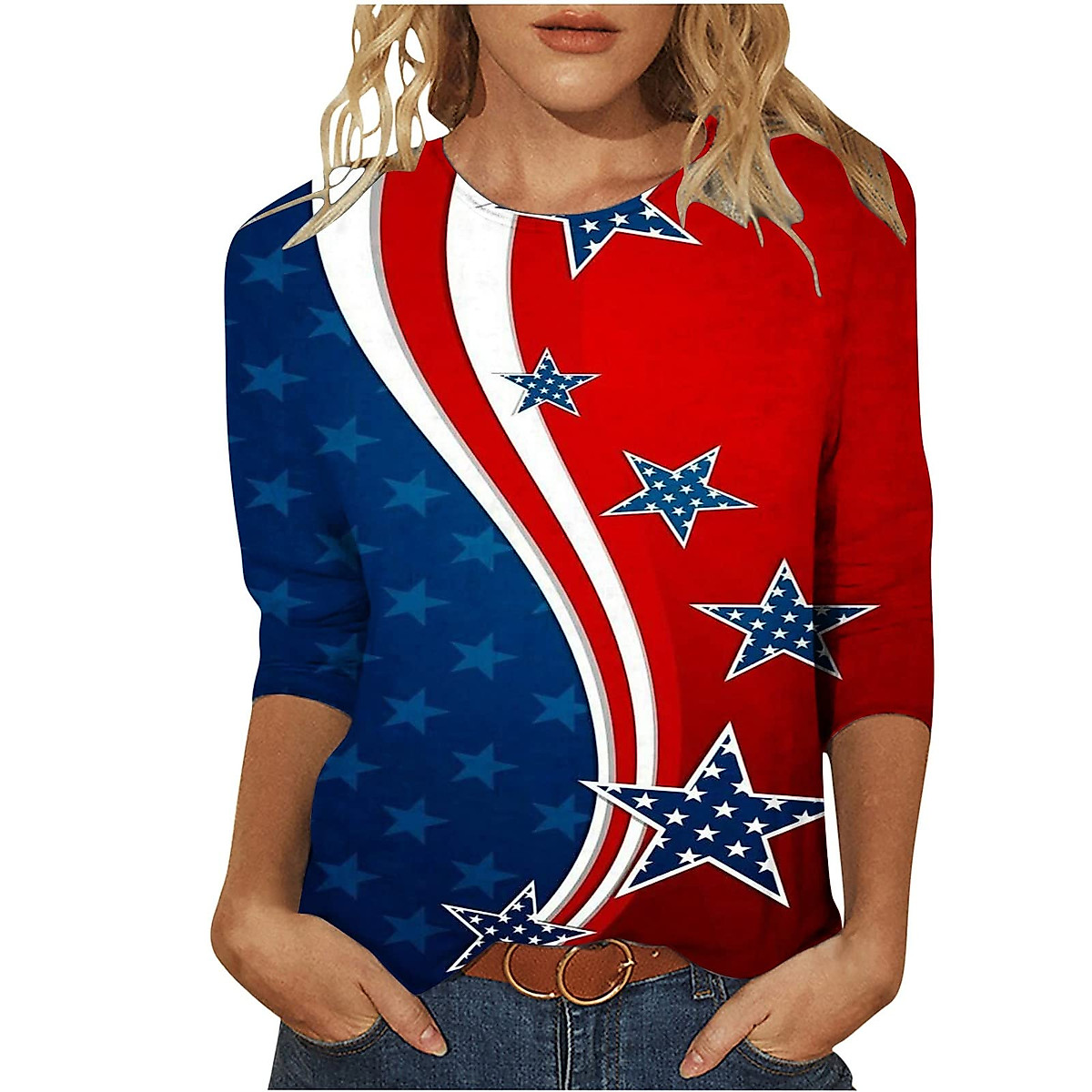 SMIDOW Star Stripes American Flag t Shirt for Women 2024 4th of July Patriotic Shirts 3/4 Sleeve Summer Casual Tops