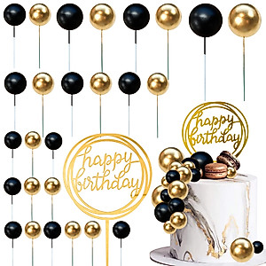 Colorful Balls Cake Topper Pearl Balls Cake Topper Happy Birthday Cake Insert Pick DIY Pile Up Insert for Wedding Birthday Party Baby Shower Cake Decoration (Black and Gold)