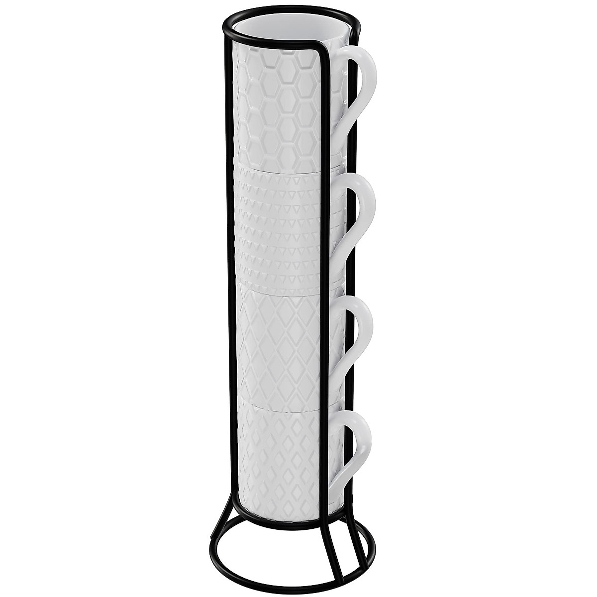 American Atelier Ceramic Mini Espresso Cups Set of 4, 3oz - Stackable Tiny Mugs for Small Shots of Coffee with Metal Stand - Use Demitasse Espresso Mug Racks for Any Kitchen or Café (Embossed)