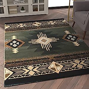 EMMA + OLIVER Santa Fe 5x7 Sage Olefin Accent Rug with Complementary Southwestern Pattern in Beige, Black and Brown and Jute Backing