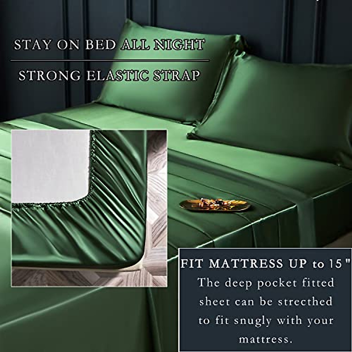Koreyoshi 4 Pcs Satin Sheets Queen - Silk Silky Super Soft Extra Deep Pocket Queen Sheet Sets - Wrinkle & Fade Free - Deep Pocket Fitted Sheet, Flat Sheet, Pillow Cases (Queen, Olive Green)
