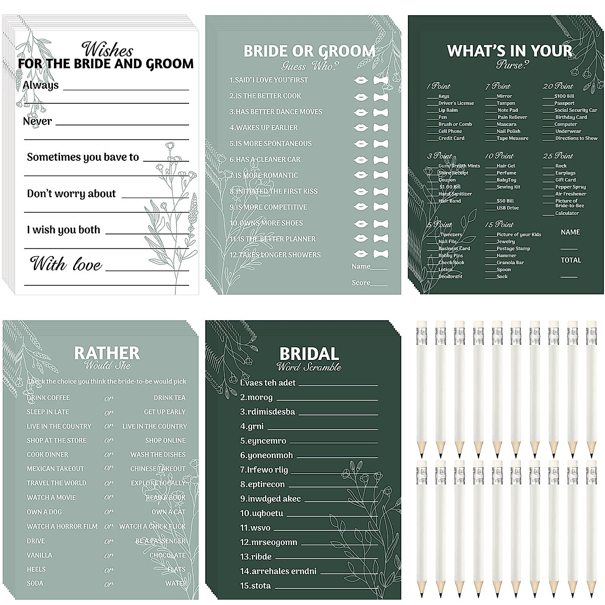 Ctosree 220 Pieces Bridal Shower Game Set 200 Wedding Game Cards and 20 Pencils 5 Styles Funny Wedding Cards Wedding Pencils Bridal Shower Decorations for Bride and Groom Bachelor Party (Green)