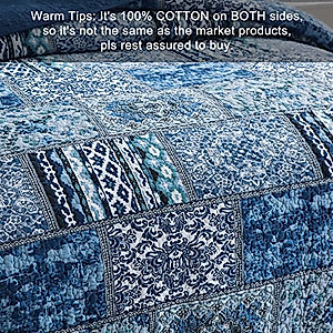 Blue Bohemain Bedspread King Quilt Set, 100% Cotton Coverlet King, Reversible Rustic Patchwork Printed Bedding Quilt Coverlet, 3 Pieces Boho Cotton Quilt Set for All Season King for Summer 94”x106“”