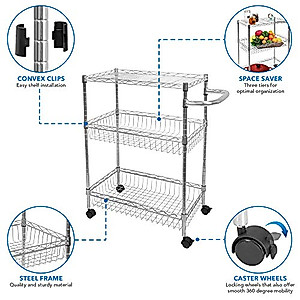 Mount-It! Mesh Wire Rolling Cart | 3-Tier Multi-Function Metal Trolley for Kitchen Storage and Organization | Heavy-Duty Storage Cart with Wheels and Handle | Silver