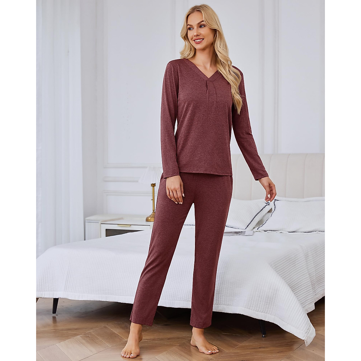 difficort Women's Pajama Sets Long Sleeve Lounge Sets Pjs Sleepwear with Pockets,Maroon,X-Large