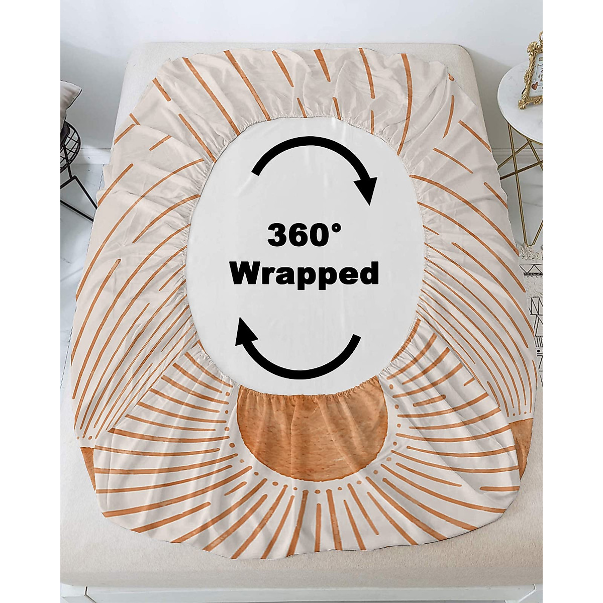 Fitted Sheet Set for Queen Size Bed Mid Century Boho Orange Sun Aesthetic Striped 3 Pieces Bedding Sheets-Deep Pocket Bedsheet Fits Mattress Upto 16",2 Pillow Cases Bedroom Decor Retro Beige