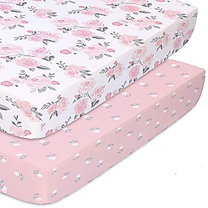 The Peanutshell Fitted Pack n Play, Playard, Mini Crib Sheets for Baby Girls | 2 Pack Set | Pink Roses and Floral