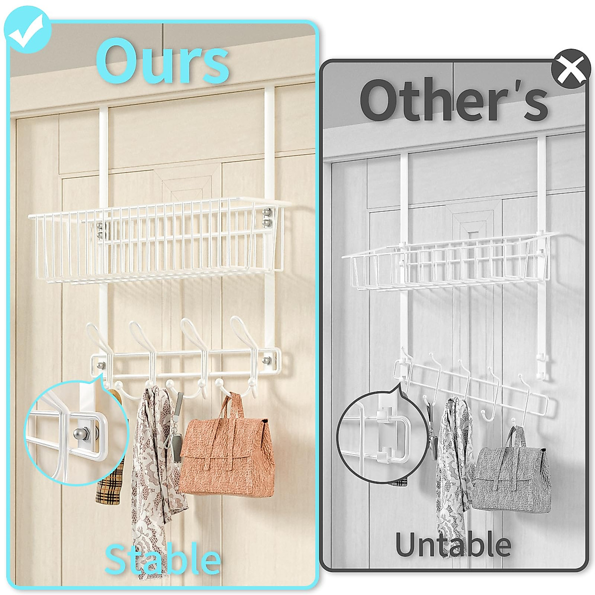 Over The Door Hooks Organizer,Door Hanger Door Storage with Basket,Over The Door Towel Rack Coat Hooks with 12 Hooks,for Bathroom,Bedroom,Kitchen,Office,Apartment(White)