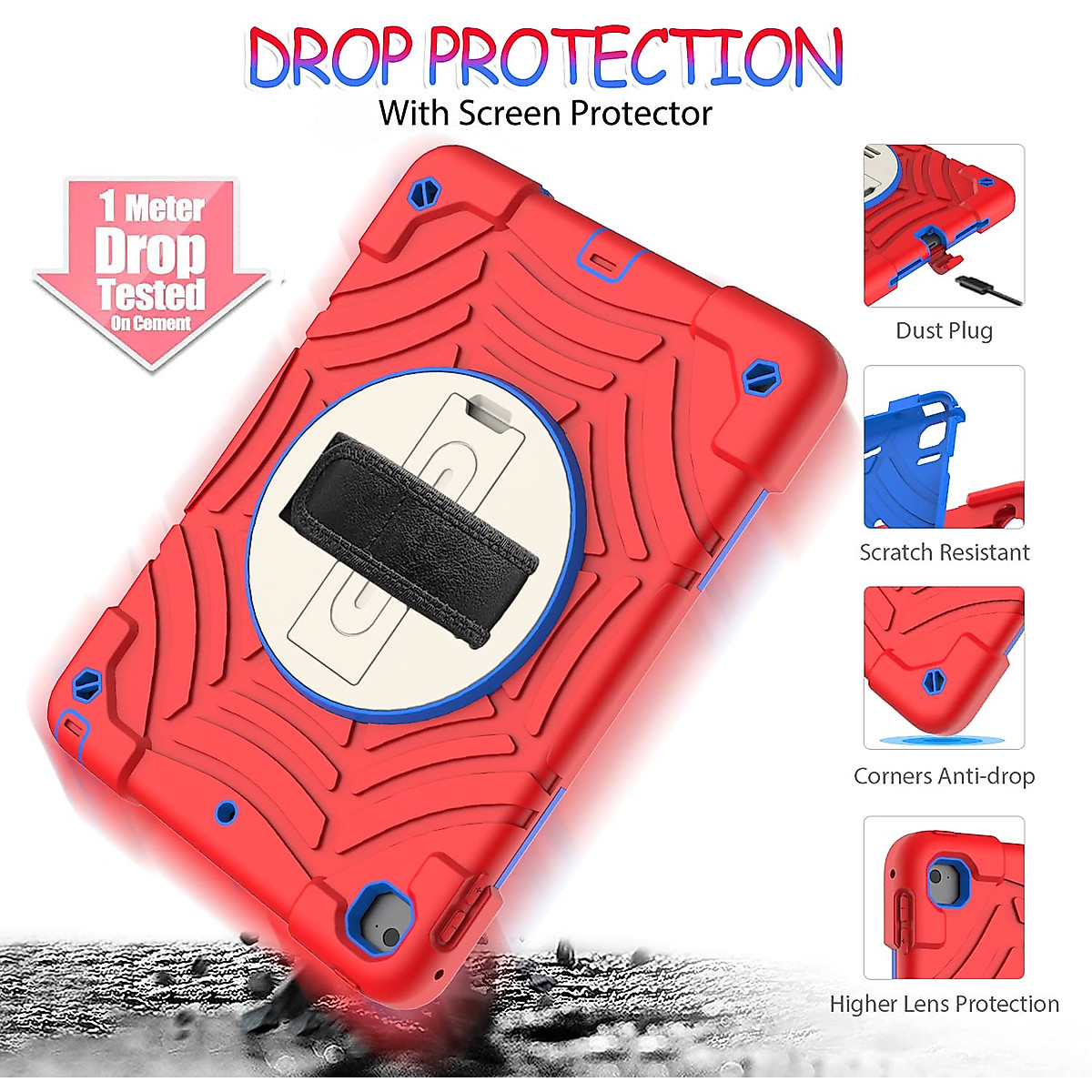 BMOUO Case for iPad 6th/5th Generation (9.7 inch, 2018/2017), with Screen Protector, 360 Rotating Stand & Hand & Shoulder Strap Kids Case for iPad 6th/5th Gen, Red