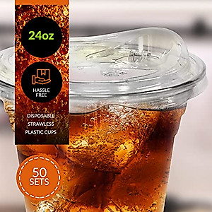 PAMI Clear 24oz Plastic Cups With Sip Lids [Pack of 50] - BPA-Free Disposable Clear Cups With Strawless Lids For Cold Drinks- To-Go Cups With Lids For Iced Coffee & Tea, Smoothies, Boba, Cocktails