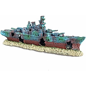 UMEWAVE 18.5 Inch Boat Sunk Battleship War Ship,Fish Tank Cave Ornaments, Wreck Boat Decor,Resin Material Aquarium Sunk Ship Eco-Friendly for Fish Favors