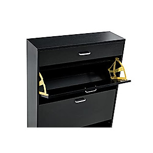 Angel Sar Shoe Cabinet with 2 Flip Drawers for Entryway, Free-Standing Shoe Storage Cabinet, Storage Organizer, Open Shelf&Large Drawer, Black