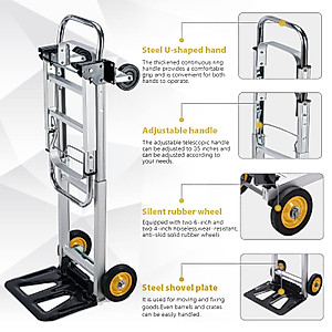 Oyoest Aluminium Folding Hand Truck Heavy Duty 440lbs Capacity 2 in 1 Convertible Hand Truck Dolly with Pneumatic Wheels and Telescoping Handles, Portable Dolly Cart with Bungee Cords for Moving