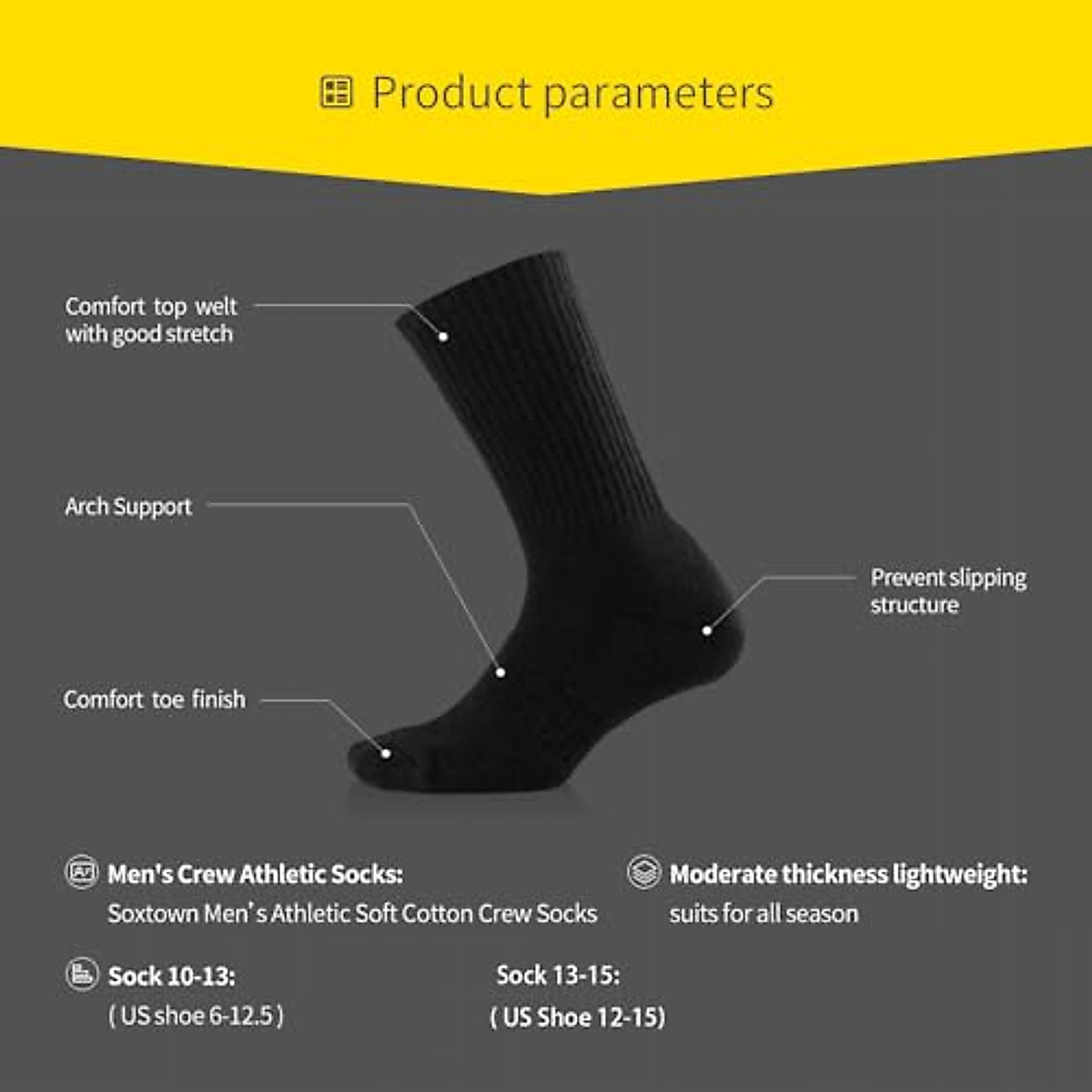 SOX TOWN Unisex Cushioned Crew Training Athletic Socks Men & Women with Combed Cotton Moisture Wicking Breathable Performance(Black L 3P)